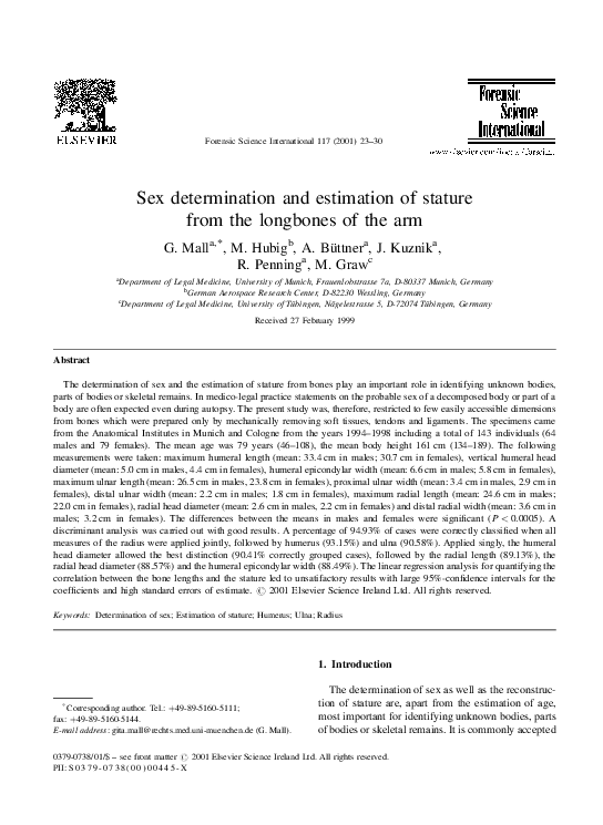 Pdf Sex Determination And Estimation Of Stature From The Long Bones Of The Arm