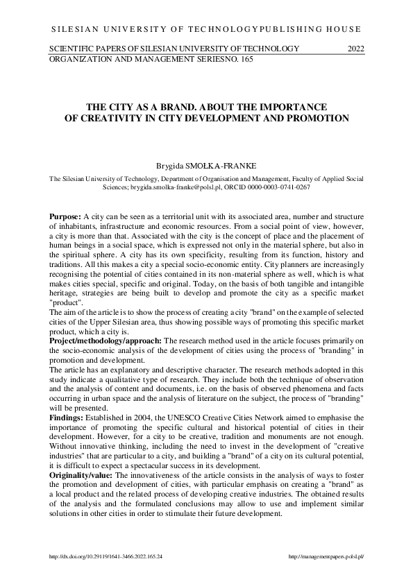 (PDF) The City as a Brand. About the Importance of Creativity in City ...