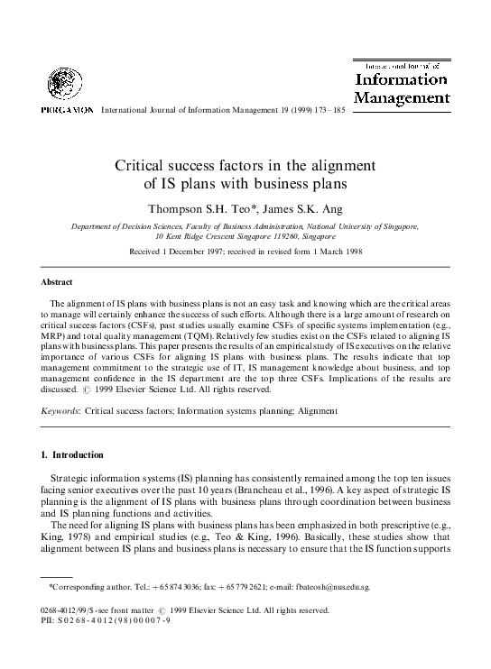 (PDF) Critical success factors in the alignment of IS plans with ...