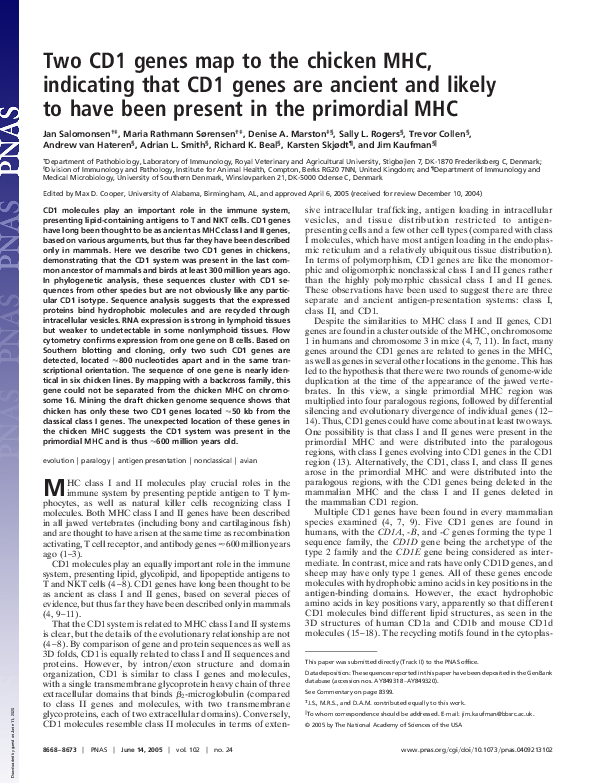 (PDF) Two CD1 genes map to the chicken MHC, indicating that CD1 genes ...