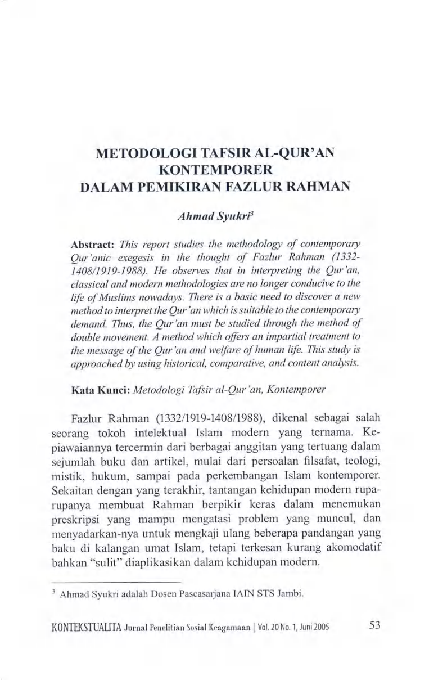 (PDF) Metodologi Tafsir Al-Qur'an Kontemporer dalam Pemikiran Fazlur Rahman