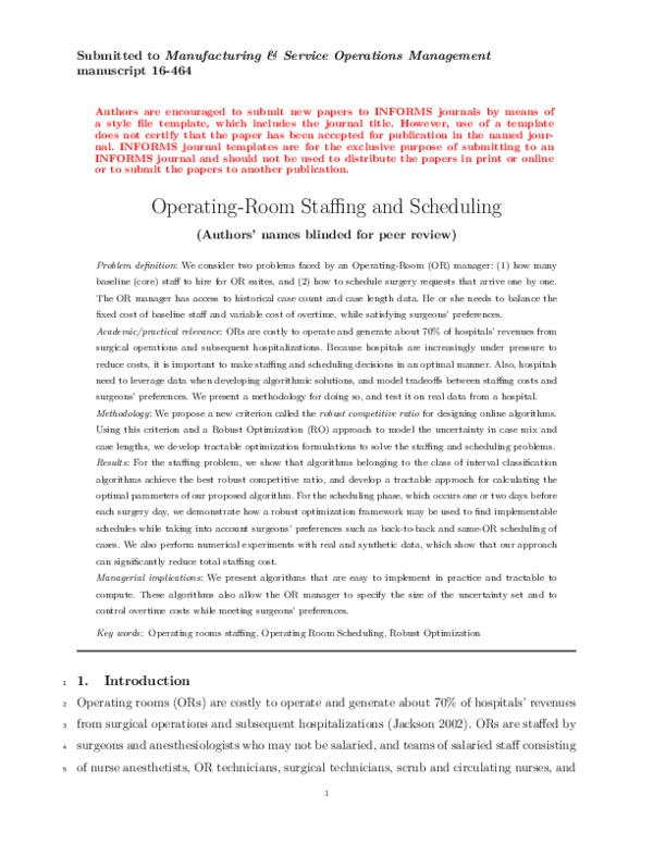 (PDF) Operating Room Staffing and Scheduling