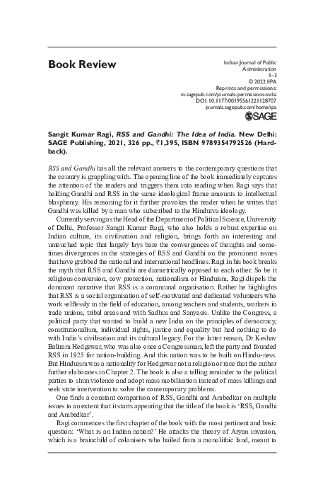 (PDF) Book review: Sangit Kumar Ragi, RSS and Gandhi: The Idea of India