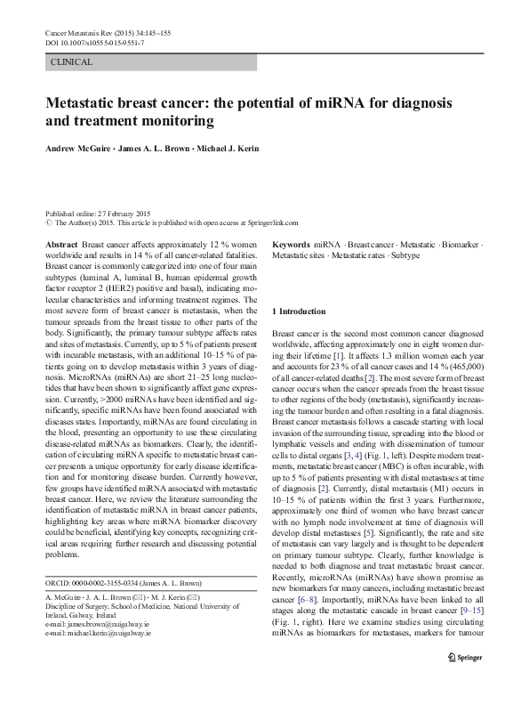 (PDF) Metastatic breast cancer: the potential of miRNA for diagnosis and treatment monitoring