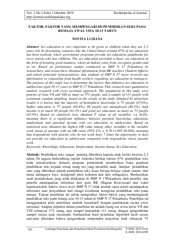 (PDF) Faktor–Faktor Yang Mempengaruhi Pendidikan Seks Pada Remaja Awal Usia 10-13 Tahun