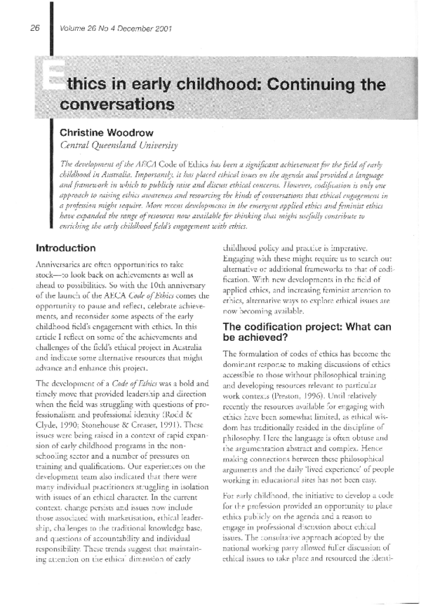 (PDF) Ethics in Early Childhood: Continuing the Conversations