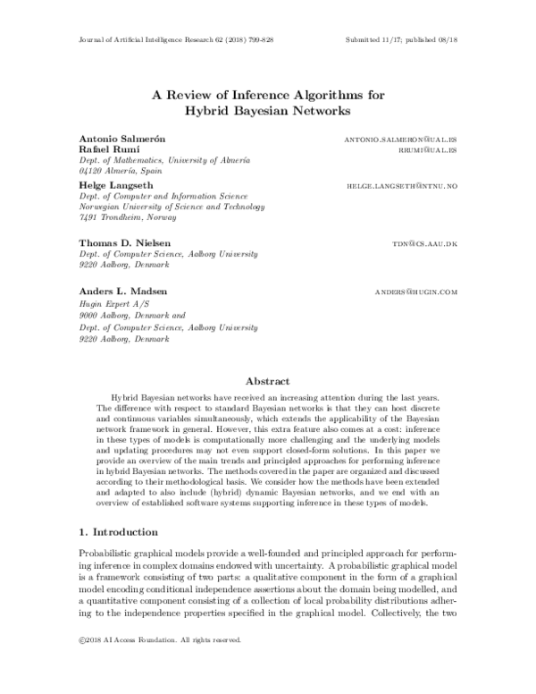 Pdf A Review Of Inference Algorithms For Hybrid Bayesian Networks 0748