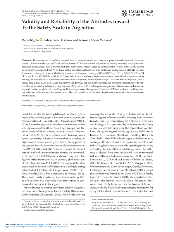 (PDF) Validity and Reliability of the Attitudes toward Traffic Safety Scale in Argentina