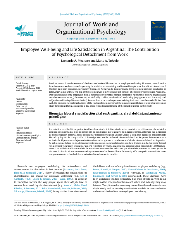 (PDF) Employee Well-being and Life Satisfaction in Argentina: The Contribution of Psychological ...