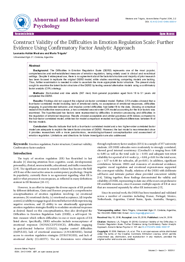 (PDF) Construct Validity of the Difficulties in Emotion Regulation Scale: Further Evidence Using ...