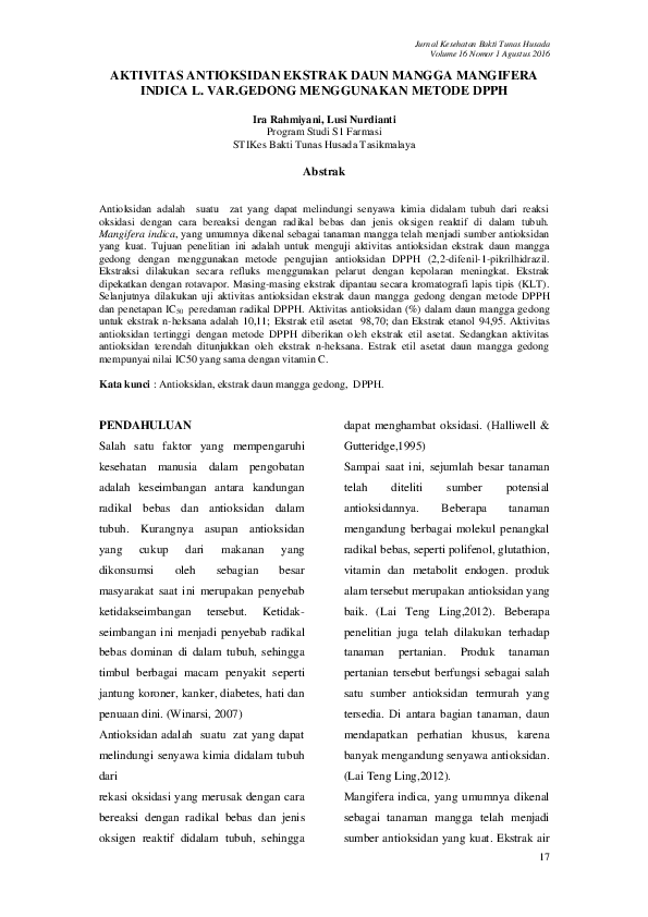 (PDF) Aktivitas Antioksidan Ekstrak Daun Mangga Mangifera Indica L. VAR ...