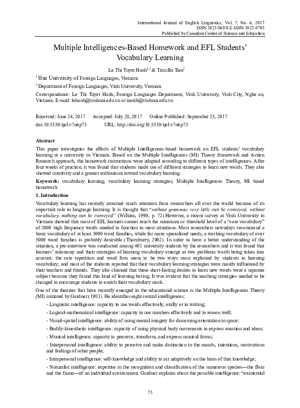 (PDF) Multiple Intelligences-Based Homework and EFL Students’ Vocabulary Learning