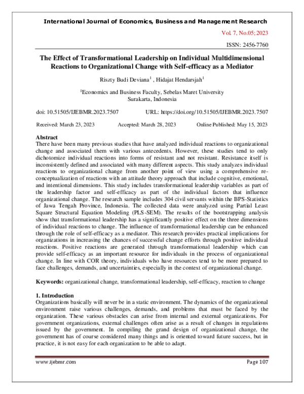 (PDF) The Effect of Transformational Leadership on Individual Multidimensional Reactions to ...