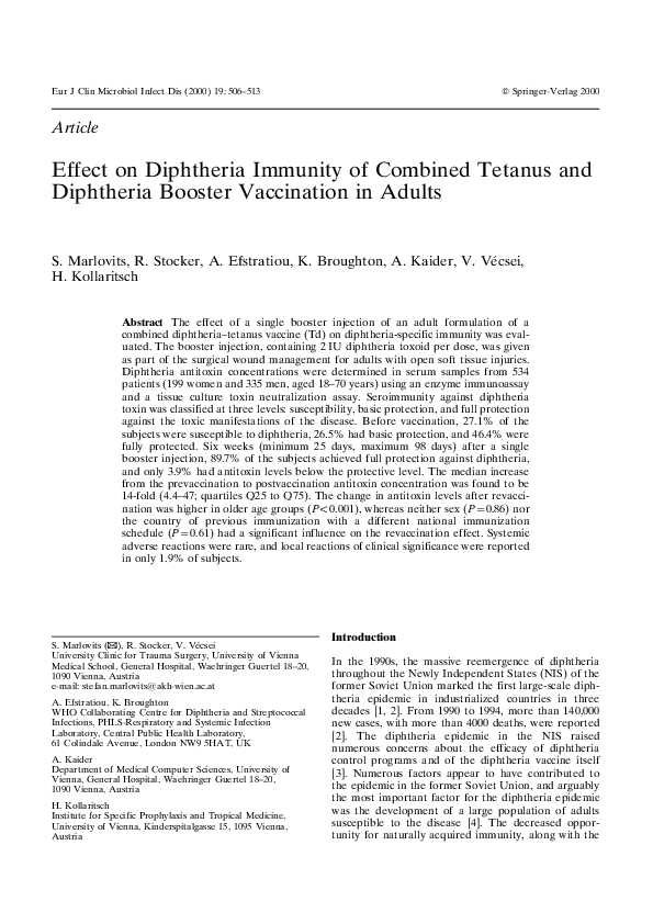 (PDF) Impact of Td Booster on Diphtheria Immunity