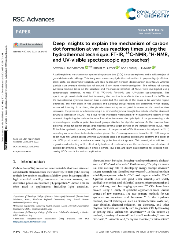 (PDF) Deep insights to explain the mechanism of carbon dot formation at various reaction times ...