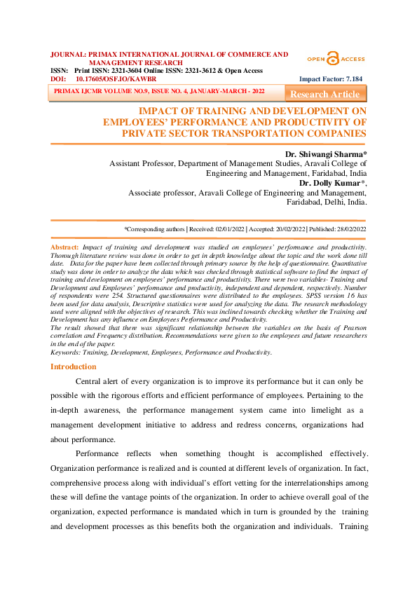(PDF) IMPACT OF TRAINING AND DEVELOPMENT ON EMPLOYEES' PERFORMANCE AND PRODUCTIVITY OF PRIVATE ...