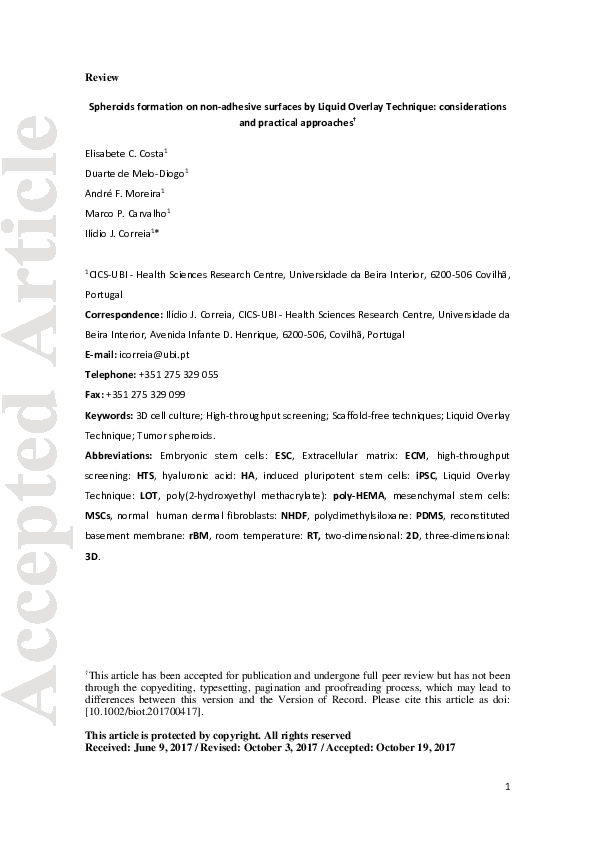 (PDF) Spheroids formation on non-adhesive surfaces by Liquid Overlay ...
