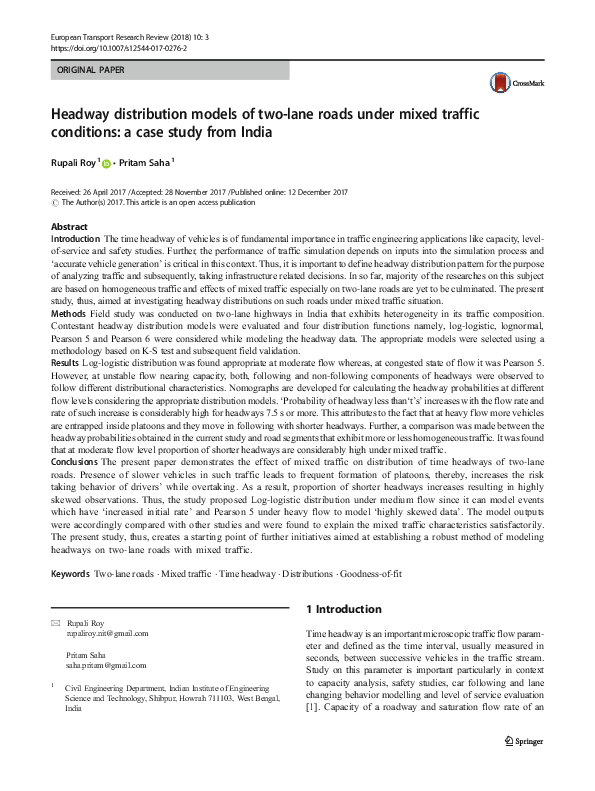 (PDF) Headway distribution models of two-lane roads under mixed traffic conditions: a case study ...