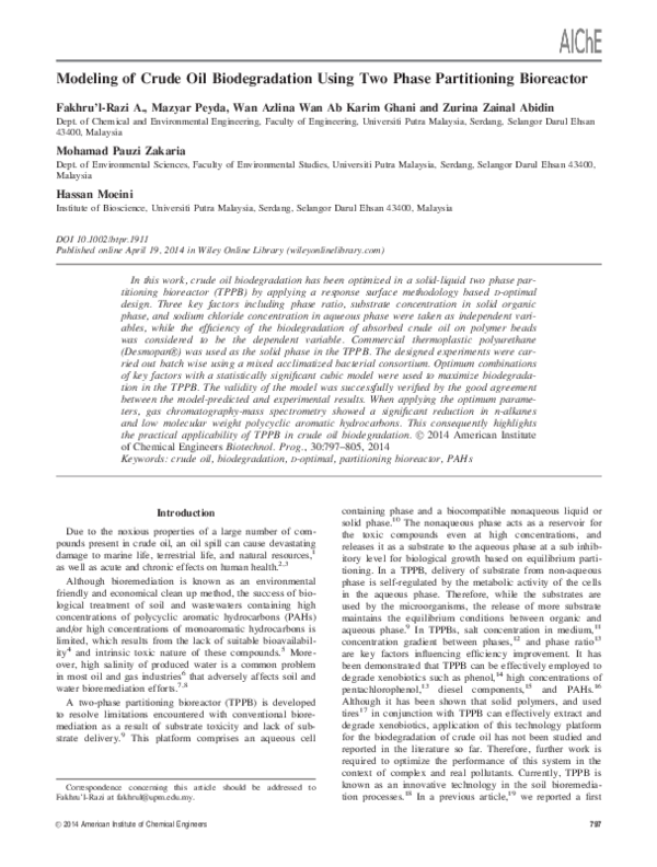 (PDF) Modeling of crude oil biodegradation using two phase partitioning ...