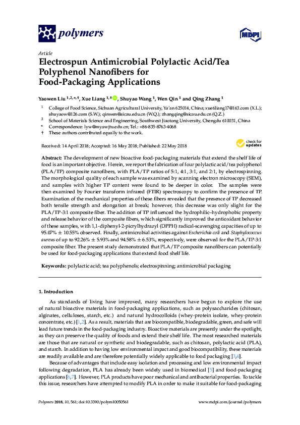 (PDF) Electrospun Antimicrobial Polylactic Acid/Tea Polyphenol Nanofibers for Food-Packaging ...
