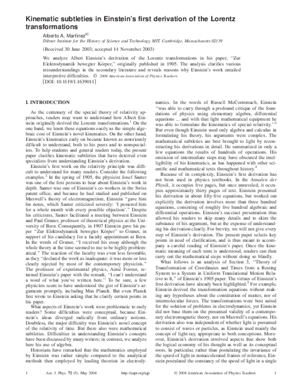 Pdf The First Correct Explanation Of Einsteins First Derivation Of The Lorentz Transformations