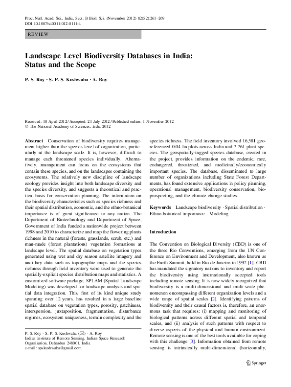 (PDF) Landscape Level Biodiversity Databases in India: Status and the Scope