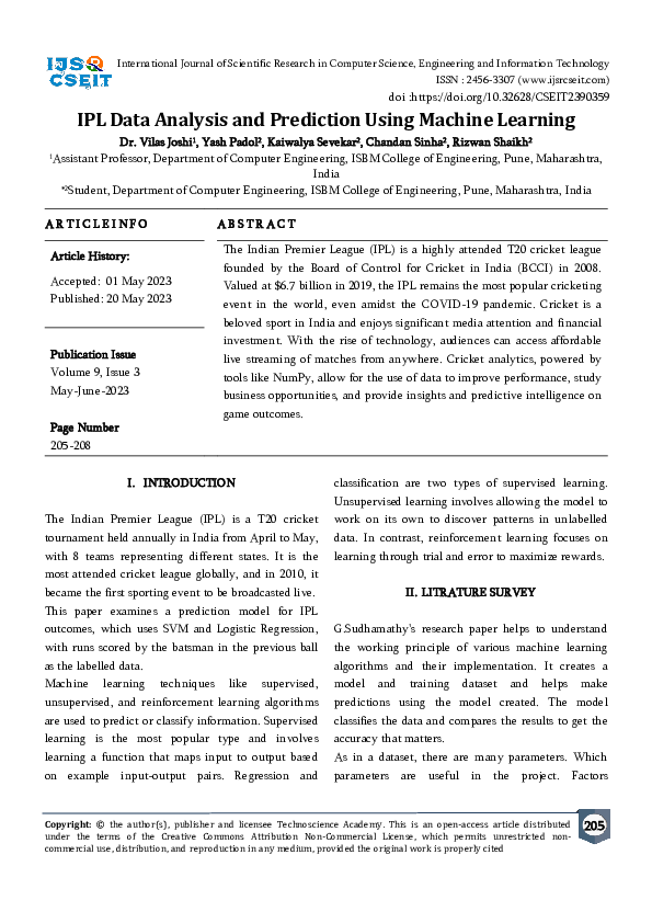 (PDF) IPL Data Analysis and Prediction Using Machine Learning