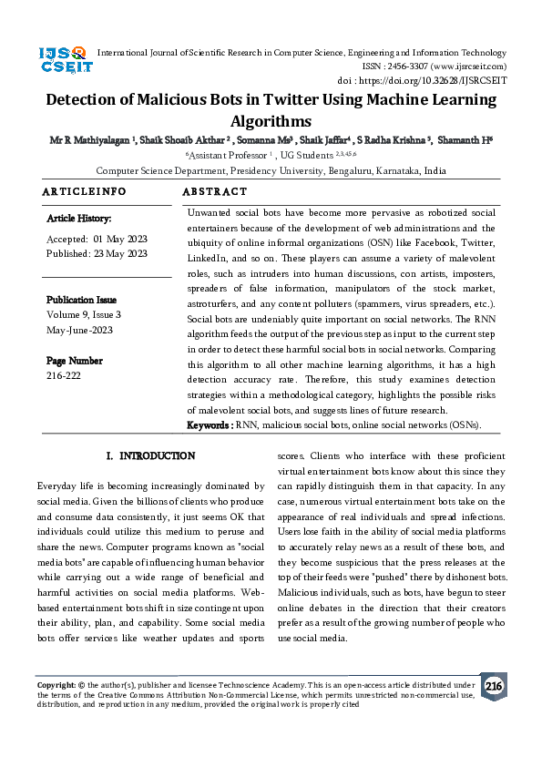 (PDF) Detection of Malicious Bots in Twitter Using Machine Learning Algorithms | International ...