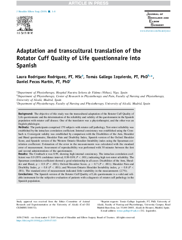 (PDF) Adaptation and transcultural translation of the Rotator Cuff ...