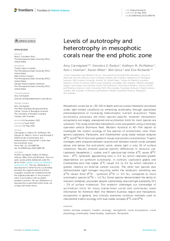 (PDF) Levels of autotrophy and heterotrophy in mesophotic corals near ...