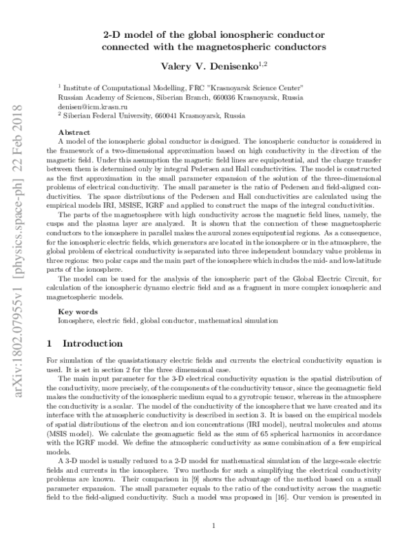 (PDF) 2D Ionospheric Conductor Model Connected to Magnetosphere