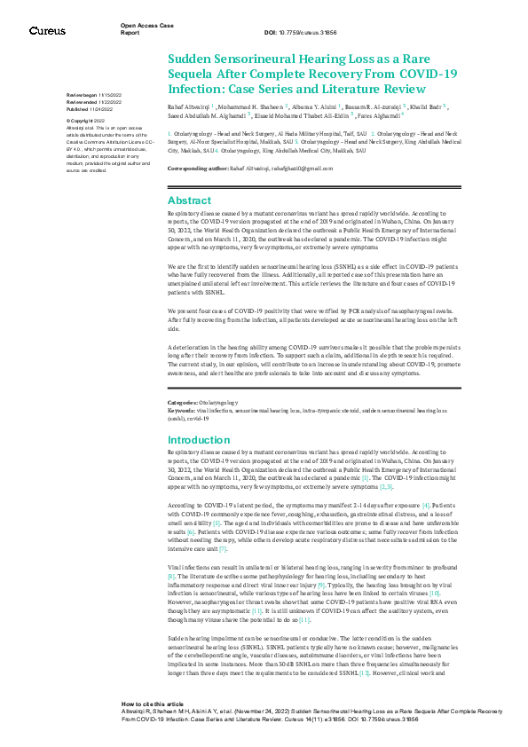 (PDF) Sudden Sensorineural Hearing Loss as a Rare Sequela After ...