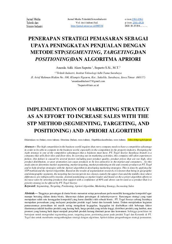 (PDF) PENERAPAN STRATEGI PEMASARAN SEBAGAI UPAYA PENINGKATAN PENJUALAN DENGAN METODE STP ...