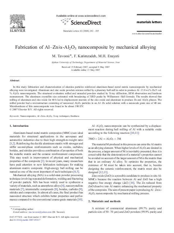 (PDF) Fabrication of Al–Zn/α-Al2O3 nanocomposite by mechanical alloying | M.H. Enayati ...