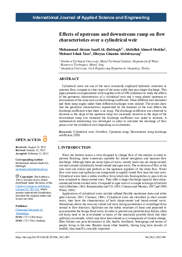 (PDF) Effects of upstream and downstream ramp on flow characteristics over a cylindrical weir