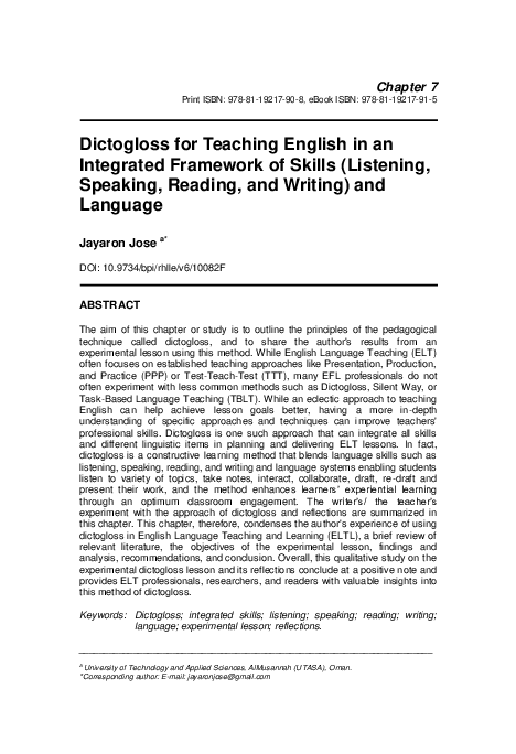 (PDF) Dictogloss for Teaching English in an Integrated Framework of ...