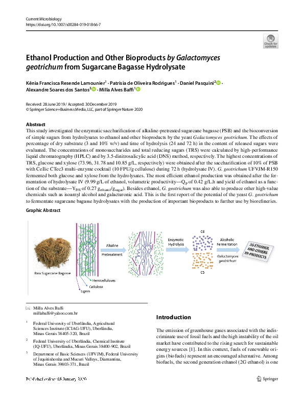 (PDF) Ethanol Production and Other Bioproducts by Galactomyces geotrichum from Sugarcane Bagasse ...