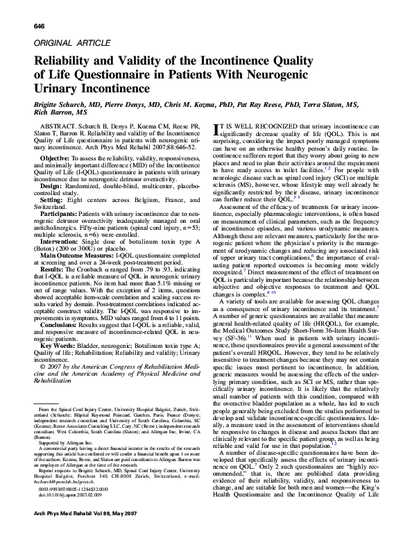 (PDF) Reliability and Validity of the Incontinence Quality of Life ...