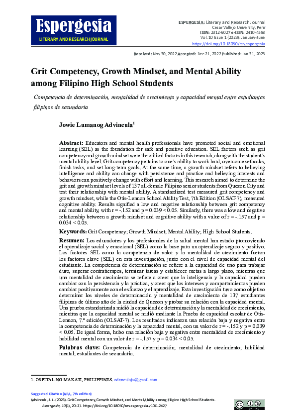 (PDF) Grit Competency, Growth Mindset, and Mental Ability among ...