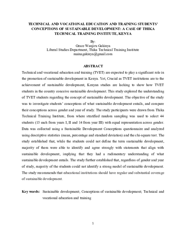 (DOC) TECHNICAL AND VOCATIONAL EDUCATION AND TRAINING STUDENTS' CONCEPTIONS OF SUSTAINABLE ...