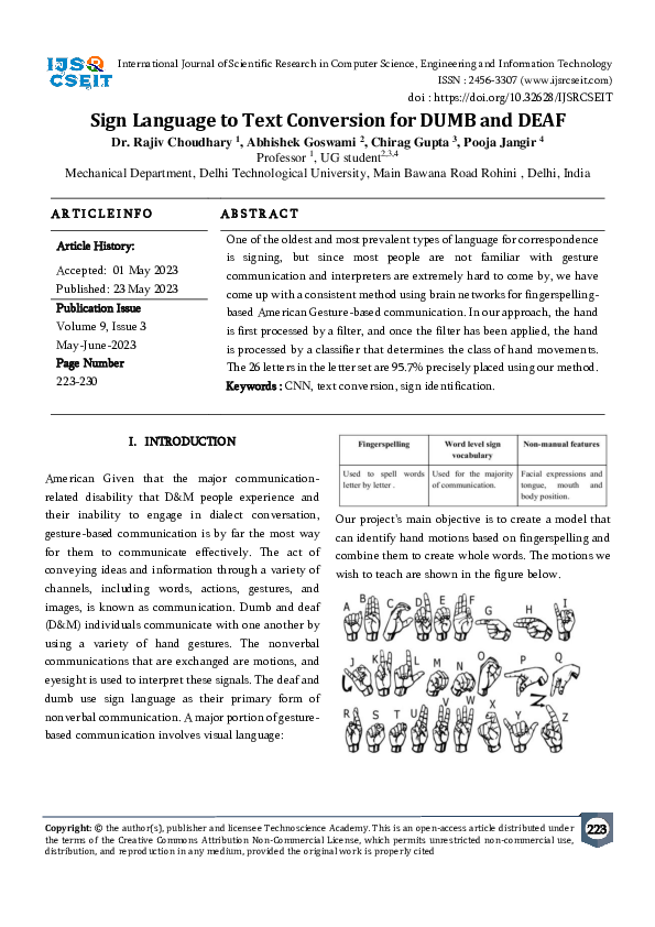 (PDF) Sign Language to Text Conversion for DUMB and DEAF