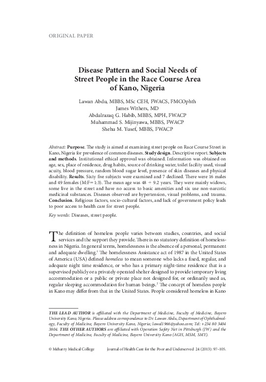 (PDF) Disease Pattern and Social Needs of Street People in the Race ...