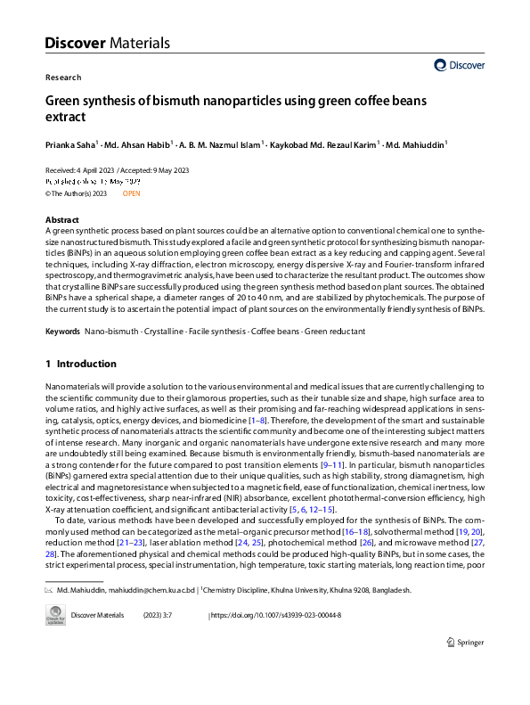 (PDF) Green synthesis of bismuth nanoparticles using green coffee beans ...