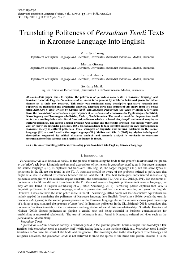 (PDF) Translating Politeness of Persadaan Tendi Texts in Karonese Language Into English