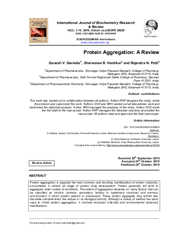 (PDF) Protein Aggregation A Review