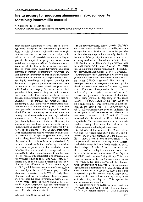 Pdf In Situ Process For Producing Aluminium Matrix Composites Containing Intermetallic Material