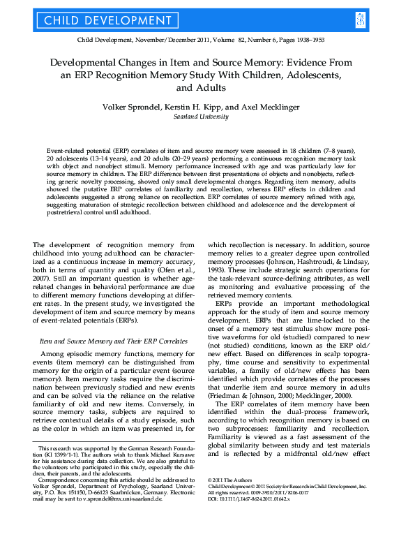 (PDF) Developmental Changes in Item and Source Memory: Evidence From an ...