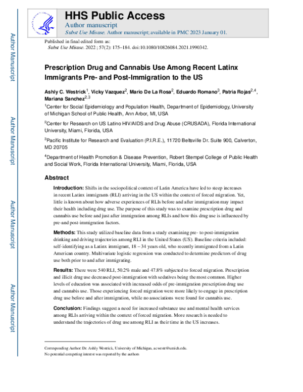 (PDF) Prescription Drug and Cannabis Use among Recent Latinx Immigrants ...