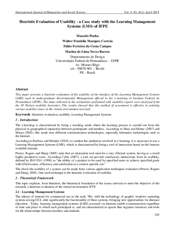 (PDF) Heuristic Evaluation of Usability - a Case study with the Learning Management Systems (LMS ...