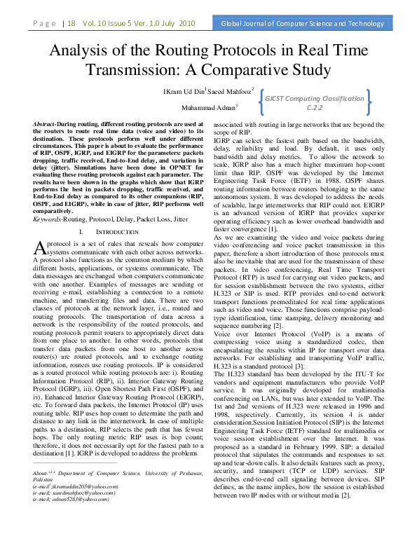 Pdf Analysis Of The Routing Protocols In Real Time Transmission A